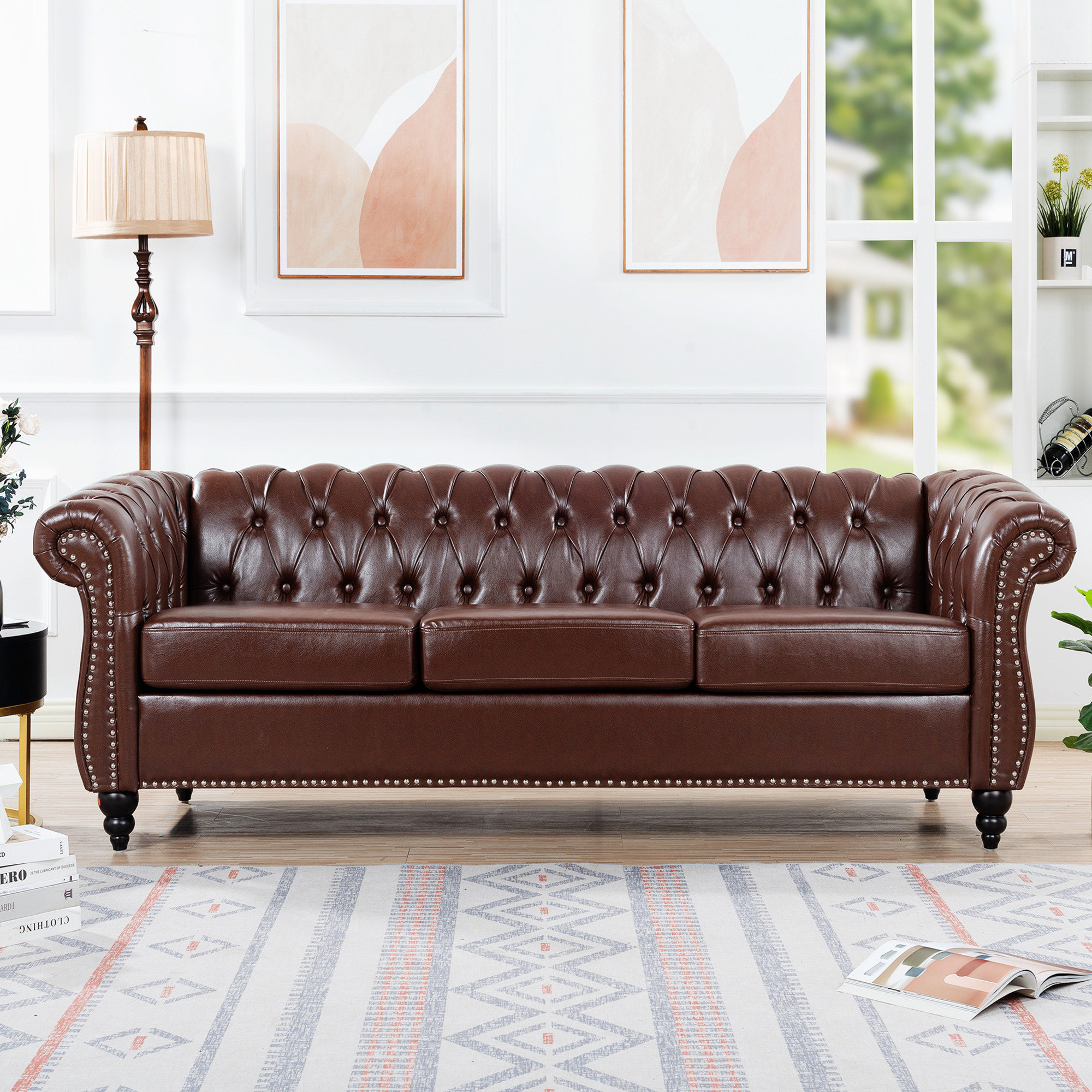 Canora Grey Elaiza 84.65" Chesterfield Sofa Faux Leather Three Seater Sofa with Rolled Arm ...